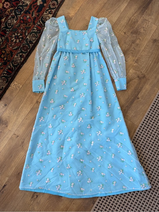 Vintage | Dresses | Vintage 7s Light Blue Floral Maxi Dress With Sheer ...